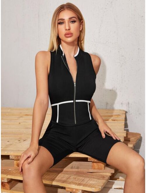 Buy Shein Zip Front Contrast Binding Unitard Romper online | Topofstyle
