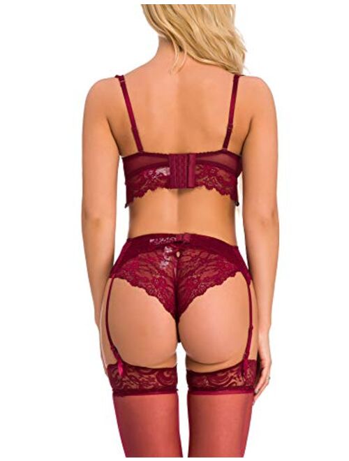 Buy Women's Sexy Push Up Embroidery Lace Bra and Panties Lingerie Set (Suspender Garter Belt ...