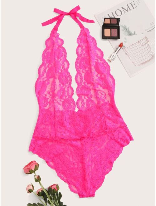 Buy Shein Neon Pink Floral Lace Sheer Teddy Bodysuit online | Topofstyle