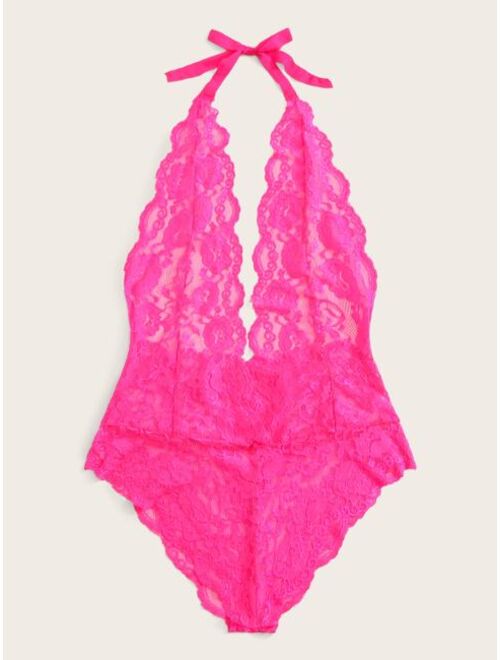 Buy Shein Neon Pink Floral Lace Sheer Teddy Bodysuit online | Topofstyle