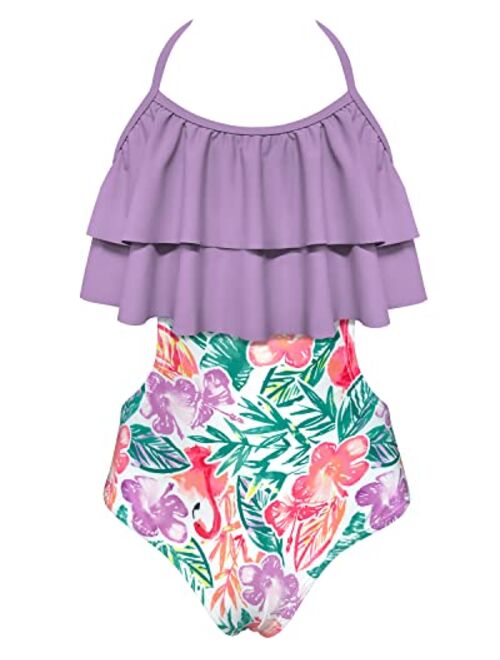 Buy SHEKINI Girl's Halter Swimsuits Hawaiian Flounce Cutout One Piece ...