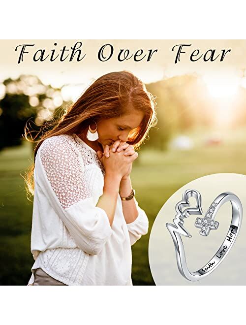 Buy Ejalen S925-Sterling-Silver Faith Hope Love Ring - Cross Rings for ...