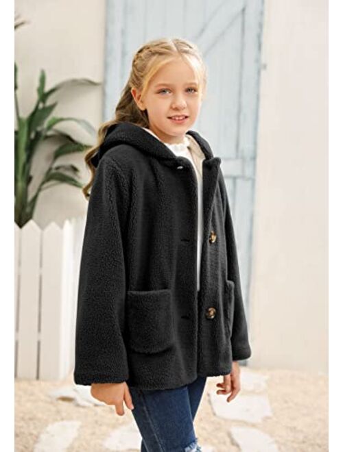 Buy Auburet Girls Fleece Jacket Kids Winter Warm Button Coats Long Sleeve Hooded Windproof ...
