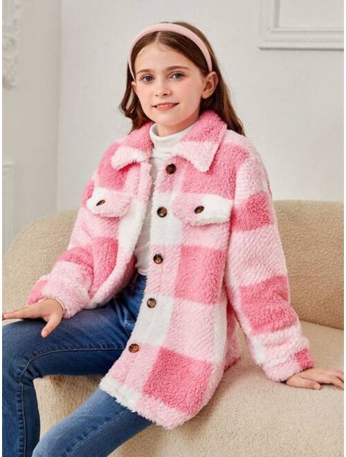 Buy SHEIN Tween Girl Buffalo Plaid Pattern Drop Shoulder Teddy Coat online | Topofstyle