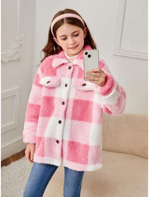 Buy SHEIN Tween Girl Buffalo Plaid Pattern Drop Shoulder Teddy Coat online | Topofstyle