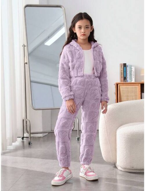 Buy SHEIN Kids EVRYDAY Tween Girl 1pc Letter Embossed Crop Zip Up Hooded Teddy Jacket & 1pc ...