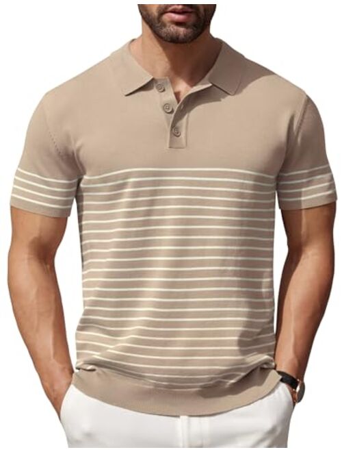 Buy COOFANDY Men's Knit Polo Shirts Short Sleeve Striped Golf Polo Shirts Lightweight Casual ...